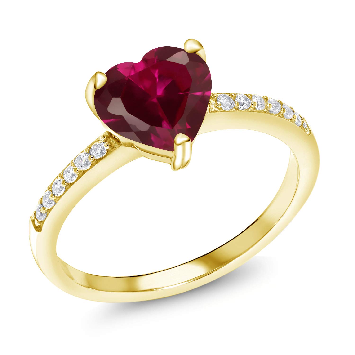 Gem Stone King 18K Yellow Gold Plated Silver Red Created Ruby Ring For Women (1.84 Cttw, Heart Shape 8MM, Gemstone Birthstone, Available In Size 5, 6, 7, 8, 9)