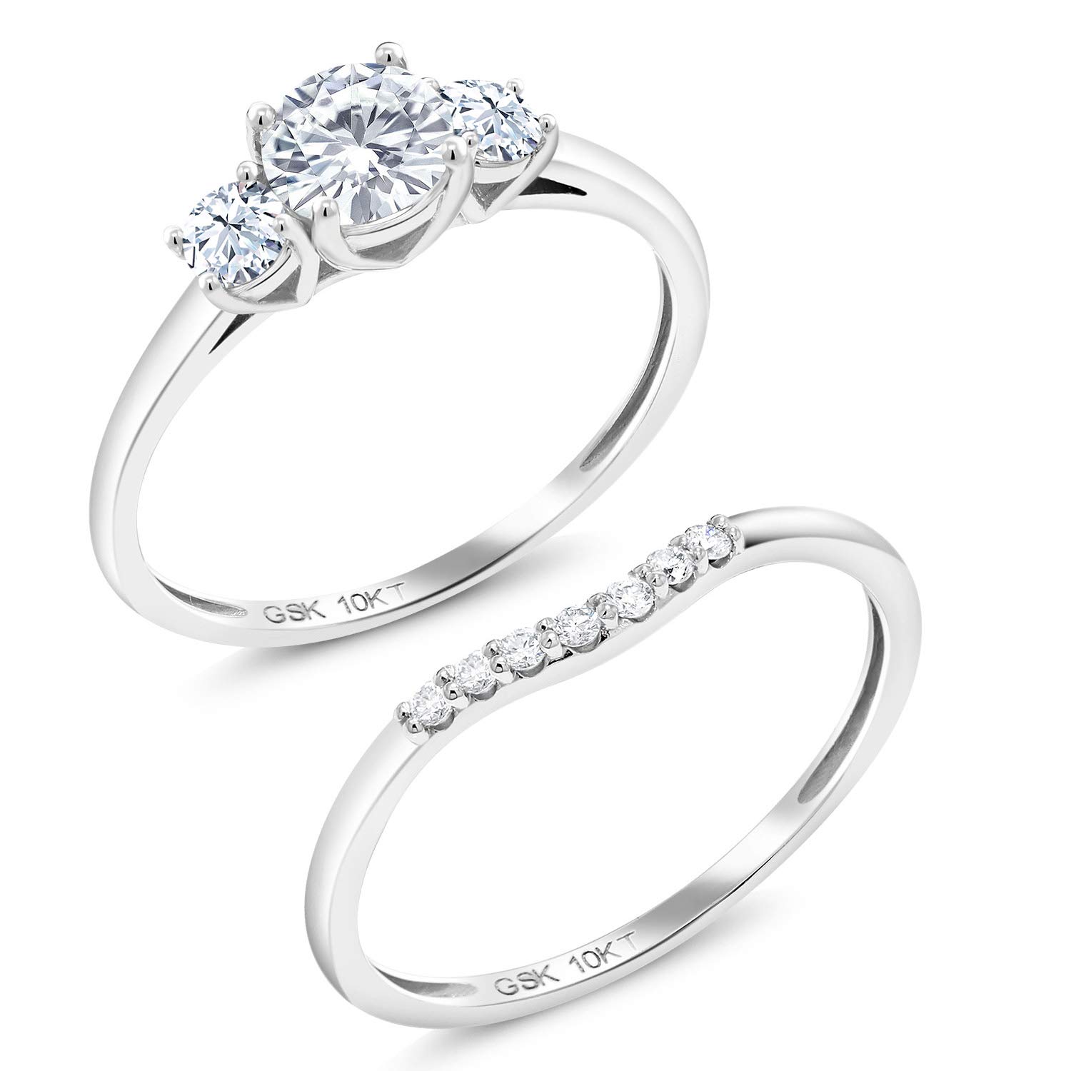 10K White Gold Moissanite From Charles & Colvard White Created Sapphire and Lab Grown Diamond 3-Stone Bridal Engagement Wedding Ring Set For Women | 0.83 Cttw | Available in Size 5,6,7,8,9