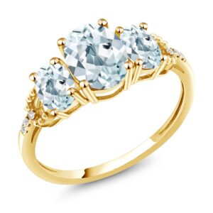 gem stone king 10k yellow gold sky blue aquamarine and white diamond 3-stone engagement ring for women | 2.24 cttw | 3 stone wedding anniversary promise ring for women (size 8)