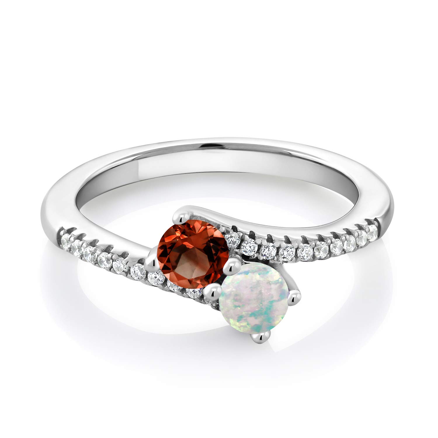 Gem Stone King 925 Sterling Silver Red Garnet and White Opal Bypass Ring For Women (0.86 Cttw, Gemstone January Birthstone, Round 4MM, Available In Size 5, 6, 7, 8, 9)