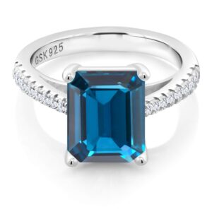 gem stone king london blue topaz and white created sapphire 925 sterling silver women's engagement ring (4.26 cttw, gemstone birthstone, 10x8mm emerald cut) (size 9)