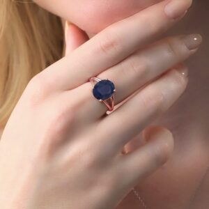 Gem Stone King 18K Rose Gold Plated Silver Blue Sapphire Ring For Women (5.60 Cttw, Gemstone September Birthstone, Oval 12X10MM, Available In Size 5,6,7,8,9)