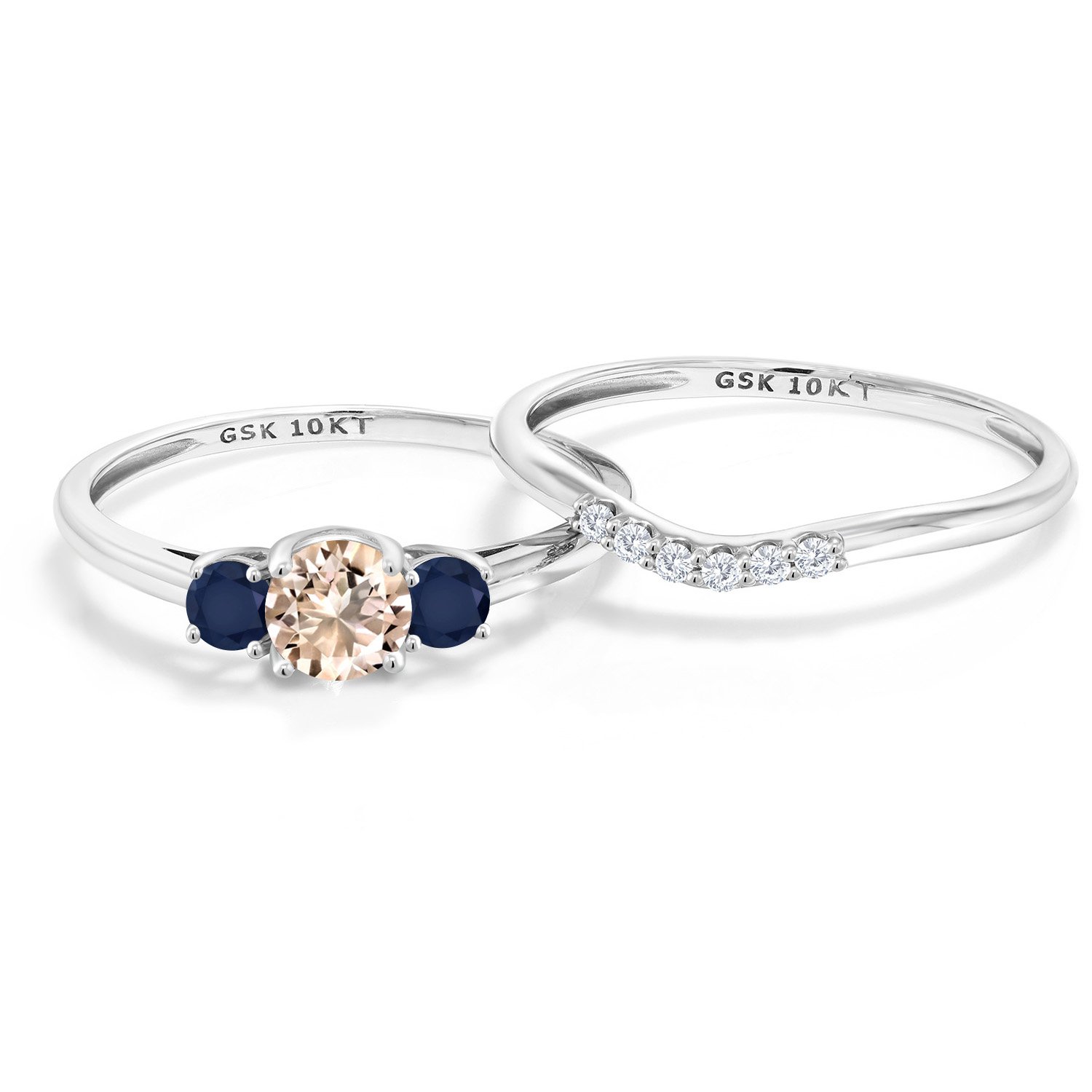 10K White Gold Peach Morganite and Blue Sapphire and White Lab Grown Diamond 3-Stone Bridal Engagement Wedding Ring Set For Women (0.73 Cttw, Gemstone October Birthstone, Round 5MM, Size 7)