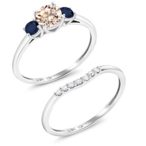 10K White Gold Peach Morganite and Blue Sapphire and White Lab Grown Diamond 3-Stone Bridal Engagement Wedding Ring Set For Women (0.73 Cttw, Gemstone October Birthstone, Round 5MM, Size 7)