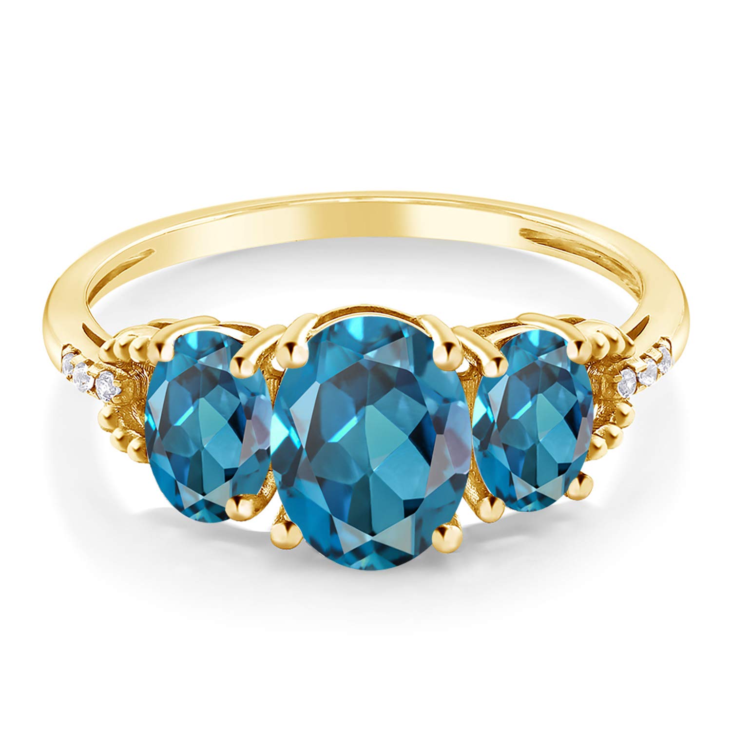 Gem Stone King 10K Yellow Gold London Blue Topaz and Diamond Accent 3-Stone Engagement Ring | 2.70 Cttw | 3 Stone Wedding Anniversary Promise Ring For Women | Size 5-9.5