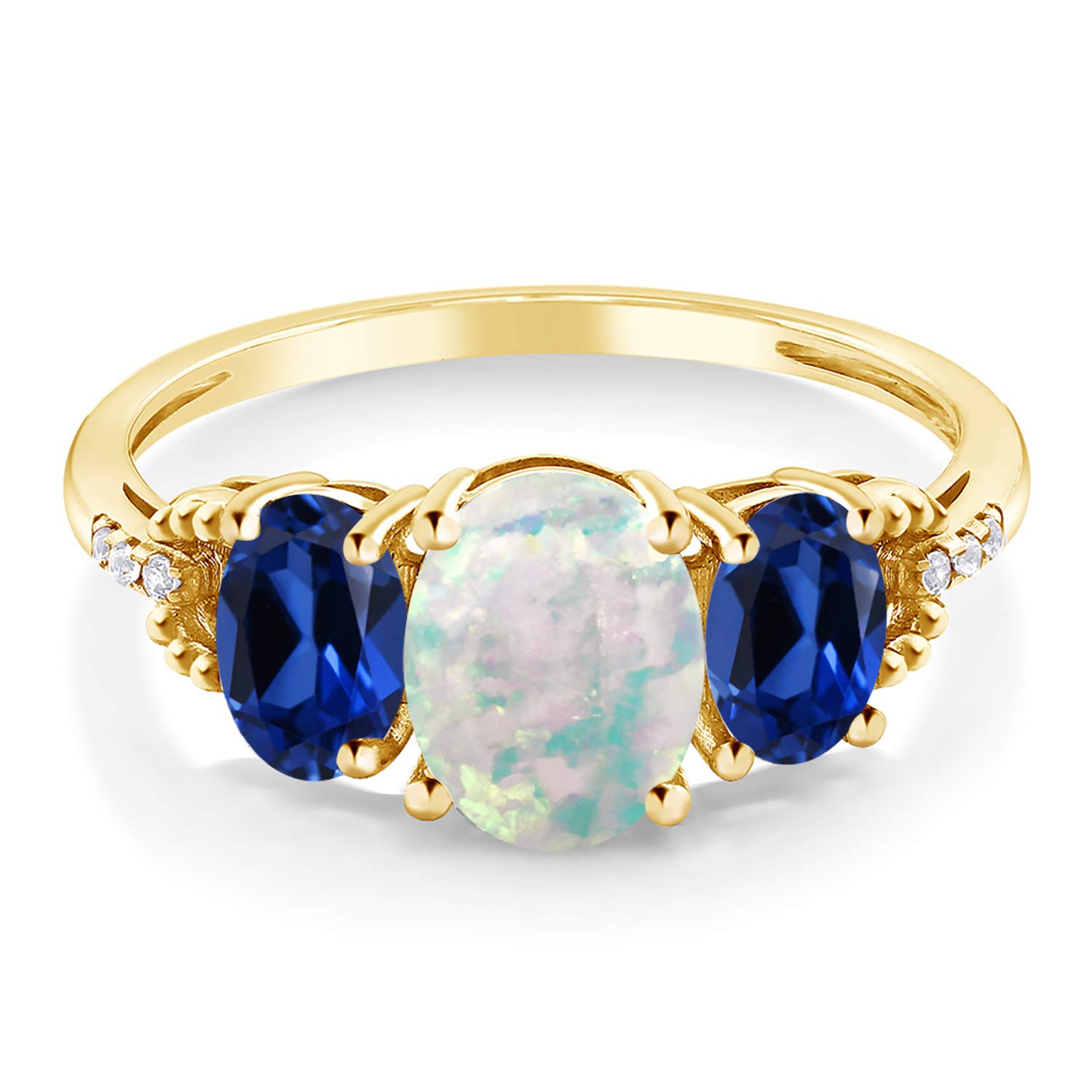 Gem Stone King 10K Yellow Gold White Simulated Opal and Blue Created Sapphire Engagement Ring For Women (2.24 Cttw, Oval Cabochon Cut) (Size 8)