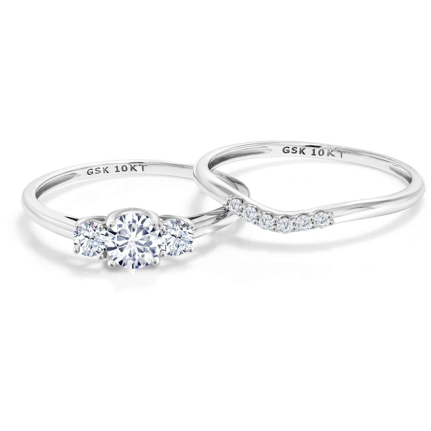 10K White Gold Moissanite From Charles & Colvard White Created Sapphire and Lab Grown Diamond 3-Stone Bridal Engagement Wedding Ring Set For Women | 0.83 Cttw | Available in Size 5,6,7,8,9