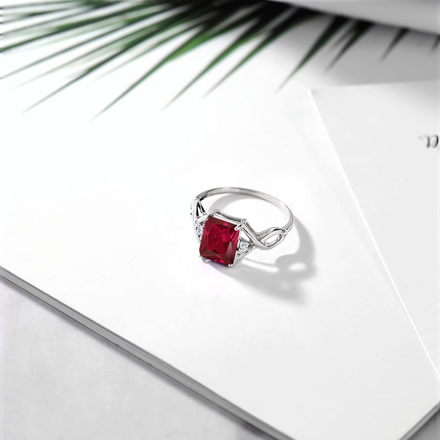 Gem Stone King 925 Sterling Silver Red Created Ruby and White Lab Grown Diamond Ring For Women (2.88 Cttw, Available in size 5, 6, 7, 8, 9)