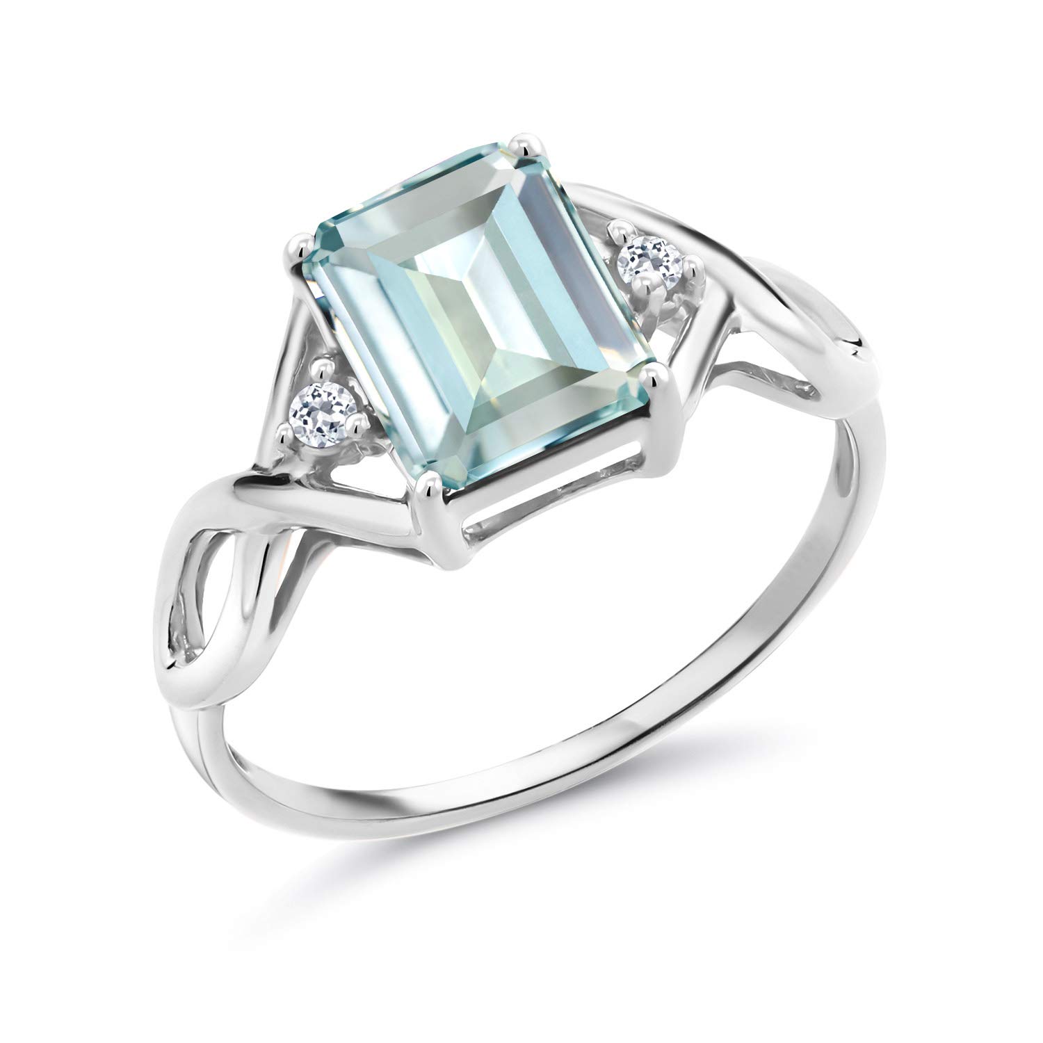 Gem Stone King 2.34 Cttw Sky Blue Simulated Aquamarine and White Topaz Women Ring In 925 Sterling Silver | Emerald Cut 9X7MM | Gemstone Birthstone | Available In Size 5, 6, 7, 8, 9