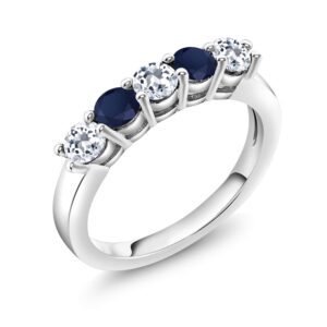 gem stone king 925 sterling silver white topaz and blue sapphire 5-stone wedding anniversary band ring for women (1.15 cttw, gemstone november birthstone, available in size 5, 6, 7, 8, 9)