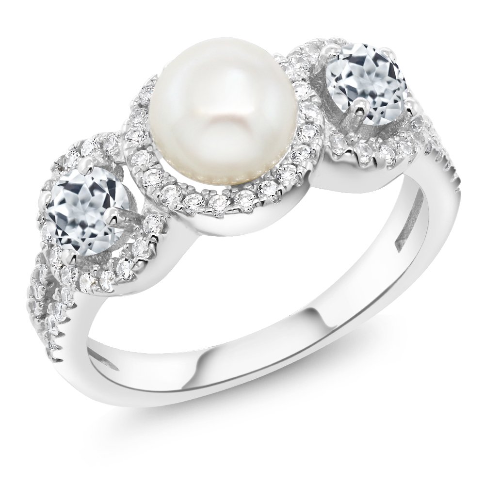 Gem Stone King 925 Sterling Silver Cultured Freshwater Pearl and White Topaz Ring For Women (1.46 Cttw, Available In Size 5, 6, 7, 8, 9)