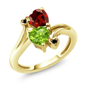 gem stone king 10k yellow gold green peridot and red garnet women diamond accent ring (1.76 ct heart shape) (size 7)