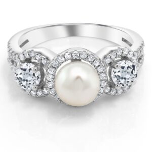 Gem Stone King 925 Sterling Silver Cultured Freshwater Pearl and White Topaz Ring For Women (1.46 Cttw, Available In Size 5, 6, 7, 8, 9)