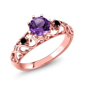 gem stone king 1.11 ct round purple amethyst black diamond 18k rose gold plated silver ring (size 5)