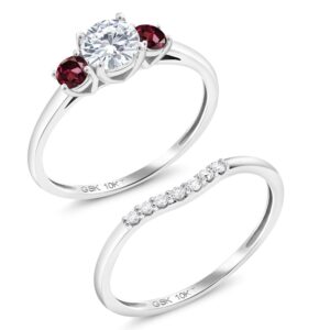 10k white gold forever brilliant moissanite from charles & colvard and red rhodolite garnet and lab grown diamond 3-stone bridal engagement wedding ring set for women (0.81 cttw, round 5mm, size 6)