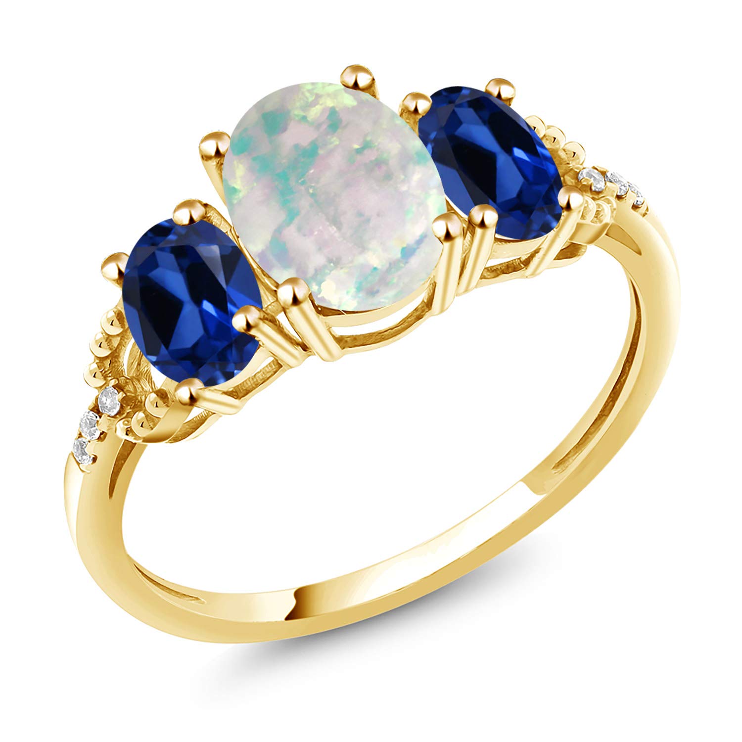 Gem Stone King 10K Yellow Gold White Simulated Opal and Blue Created Sapphire Engagement Ring For Women (2.24 Cttw, Oval Cabochon Cut) (Size 8)