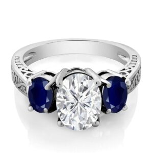 Gem Stone King 925 Sterling Silver White Moissanite and Blue Sapphire 3-Stone Ring For Women (3.21 Cttw, Available in size 5, 6, 7, 8, 9)