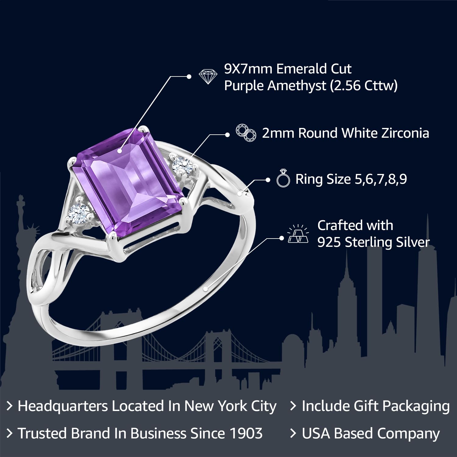 Gem Stone King 925 Sterling Silver Purple Amethyst Ring For Women (2.56 Cttw, Emerald Cut 9X7MM, Gemstone Birthstone, Available in size 5, 6, 7, 8, 9)