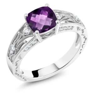 gem stone king 0.86 ct cushion checkerboard purple amethyst 925 sterling silver ring (size 7)