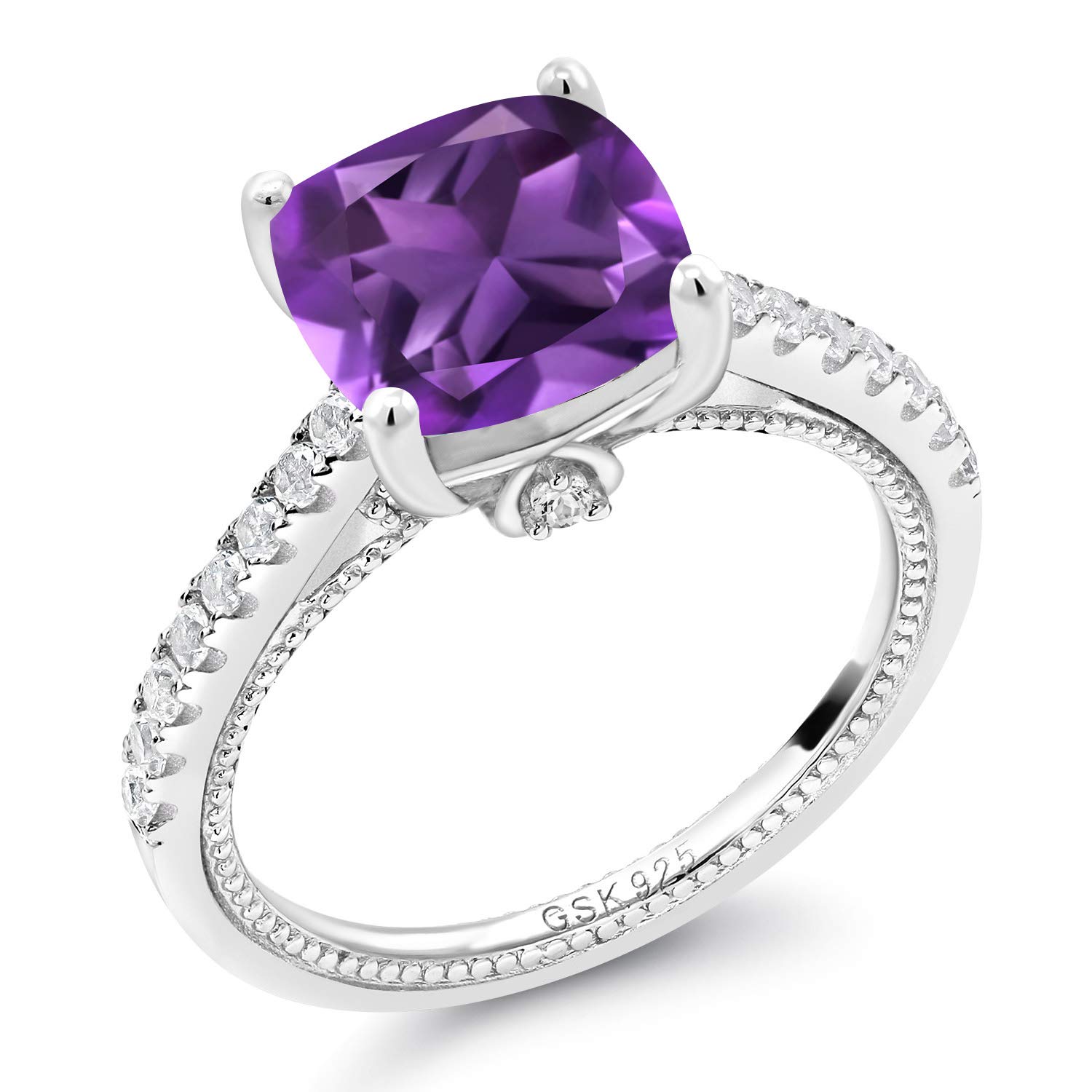 Gem Stone King 925 Sterling Silver Cushion Purple Amethyst and White Created Sapphire Engagement Ring For Women (3.27 Cttw, Available in size 5, 6, 7, 8, 9)