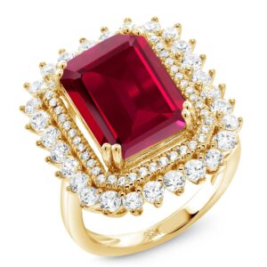 gem stone king 18k yellow gold plated silver red created ruby ring for women (5.60 cttw, emerald cut 14x10mm, available in size 5, 6, 7, 8, 9)