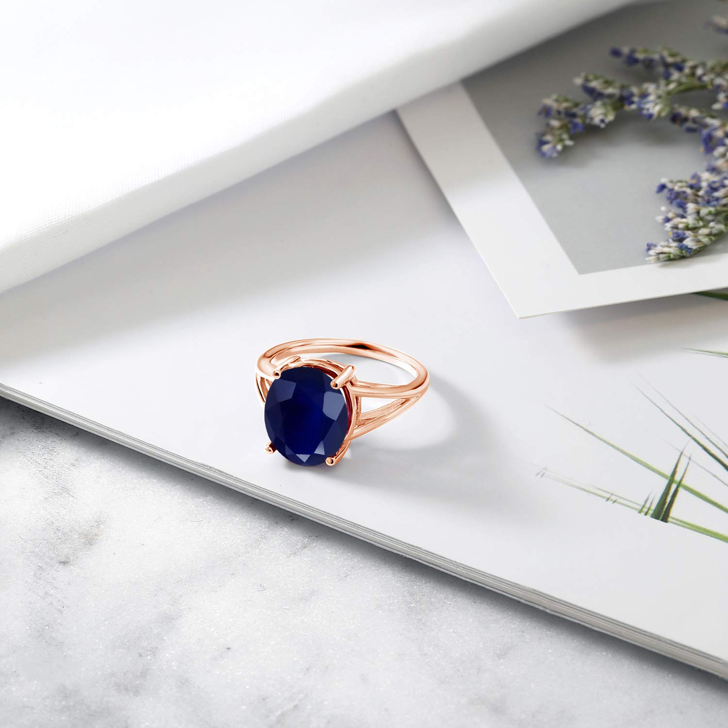 Gem Stone King 18K Rose Gold Plated Silver Blue Sapphire Ring For Women (5.60 Cttw, Gemstone September Birthstone, Oval 12X10MM, Available In Size 5,6,7,8,9)