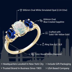 Gem Stone King 10K Yellow Gold White Simulated Opal and Blue Created Sapphire Engagement Ring For Women (2.24 Cttw, Oval Cabochon Cut) (Size 8)