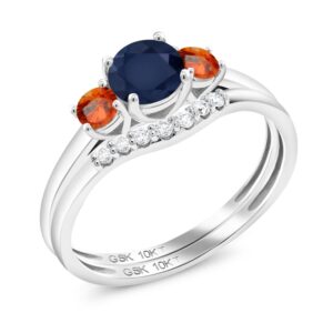 10k white gold blue sapphire and orange sapphire and white lab grown diamond 3-stone bridal engagement wedding ring set for women (0.93 cttw, gemstone september birthstone, round 5mm, size 8)