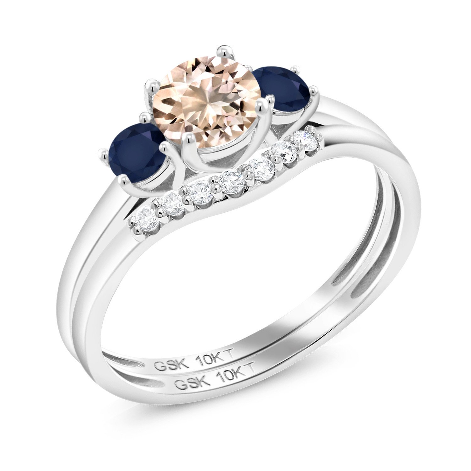 10K White Gold Peach Morganite and Blue Sapphire and White Lab Grown Diamond 3-Stone Bridal Engagement Wedding Ring Set For Women (0.73 Cttw, Gemstone October Birthstone, Round 5MM, Size 7)