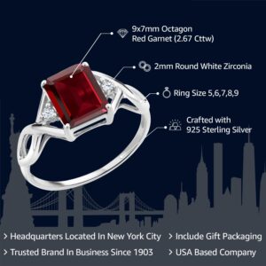 Gem Stone King 925 Sterling Silver Red Garnet Ring For Women (2.67 Cttw, Emerald Cut 9X7MM, Gemstone Birthstone, Available in size 5, 6, 7, 8, 9)