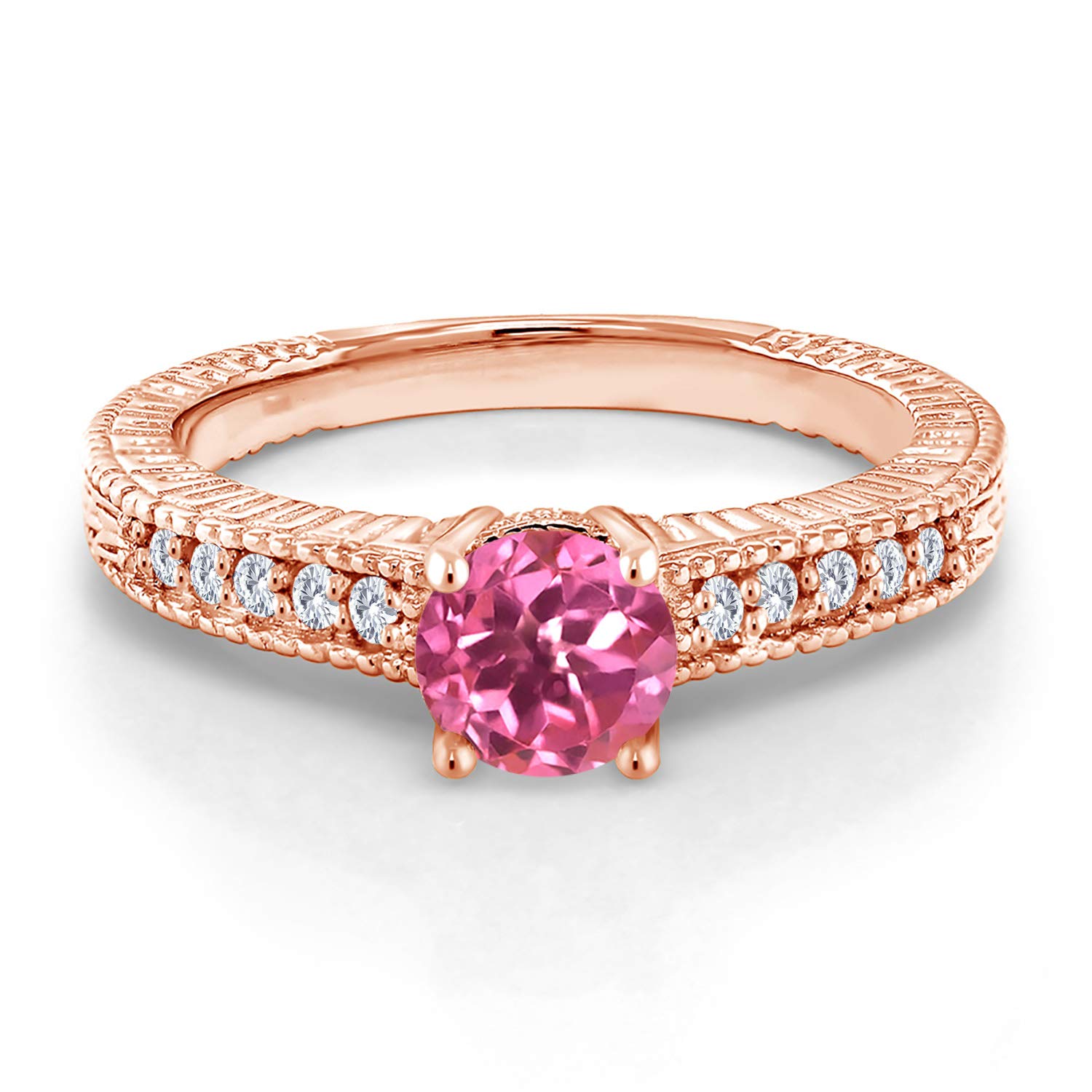 Gem Stone King 1.65 Ct Pink Mystic Topaz G-H Lab Grown Diamond 18K Rose Gold Plated Silver Engagement Ring (Size 5)