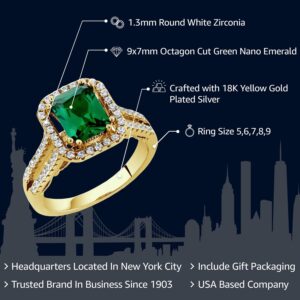 Gem Stone King 18K Yellow Gold Plated Silver Green Simulated Emerald Ring For Women | 2.78 Cttw | Emerald Cut 9X7MM | Available in size 5, 6, 7, 8, 9