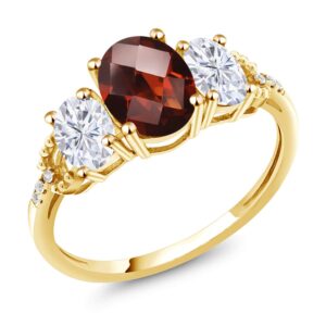 gem stone king 10k yellow gold red garnet white moissanite and diamond accent 3-stone engagement ring for women | 2.58 cttw | gemstone birthstone | size 5,6,7,8,9