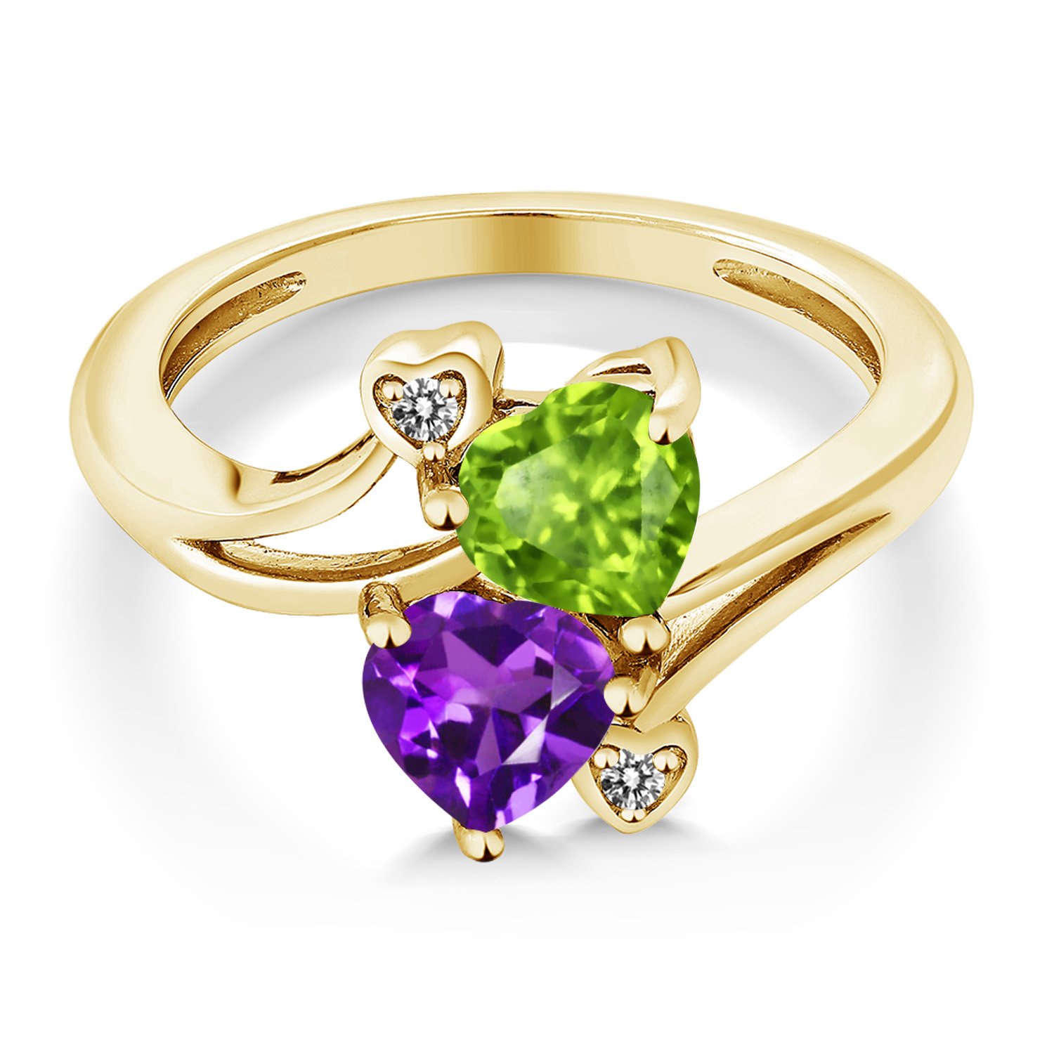 Gem Stone King 10K Yellow Gold Heart Shape Purple Amethyst Green Peridot and Diamond Accent Ring For Women | 1.51 Cttw | Heart 6MM | Gemstone Birthstone | Available In Size 5, 6, 7, 8, 9