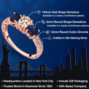 Gem Stone King 1.97 Ct Oval Peach Morganite Blue Sapphire 18K Rose Gold Plated Silver Ring (Size 6)