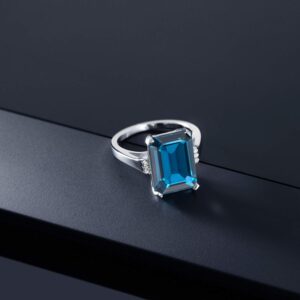 Gem Stone King 925 Sterling Silver London Blue Topaz With Accent Stone Engagement Ring For Women (9.57 Cttw, Emerald Cut 14X10MM, Gemstone Birthstone, Available in size 5, 6, 7, 8, 9)