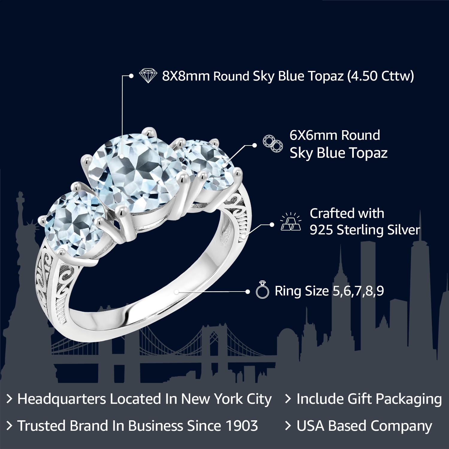 Gem Stone King 925 Sterling Silver Sky Blue Topaz 3 Stone Ring For Women (4.50 Cttw, Gemstone Birthstone, Available In Size 5, 6, 7, 8, 9)