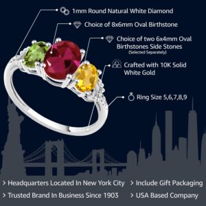 Gem Stone King 10K White Gold Customized and Personalized Gemstone Birthstone and Diamond 3-Stone Engagement Ring | 3 Stone Wedding Engagement Anniversary Promise Ring For Women (Size 8)