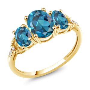 gem stone king 10k yellow gold london blue topaz and diamond accent 3-stone engagement ring | 2.70 cttw | 3 stone wedding anniversary promise ring for women | size 5-9.5