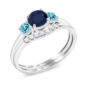 10k white gold blue sapphire and swiss blue topaz and white lab grown diamond 3-stone bridal engagement wedding ring set for women (0.97 cttw, gemstone september birthstone, round 5mm, size 5)