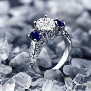 Gem Stone King 925 Sterling Silver White Moissanite and Blue Sapphire 3-Stone Ring For Women (3.21 Cttw, Available in size 5, 6, 7, 8, 9)