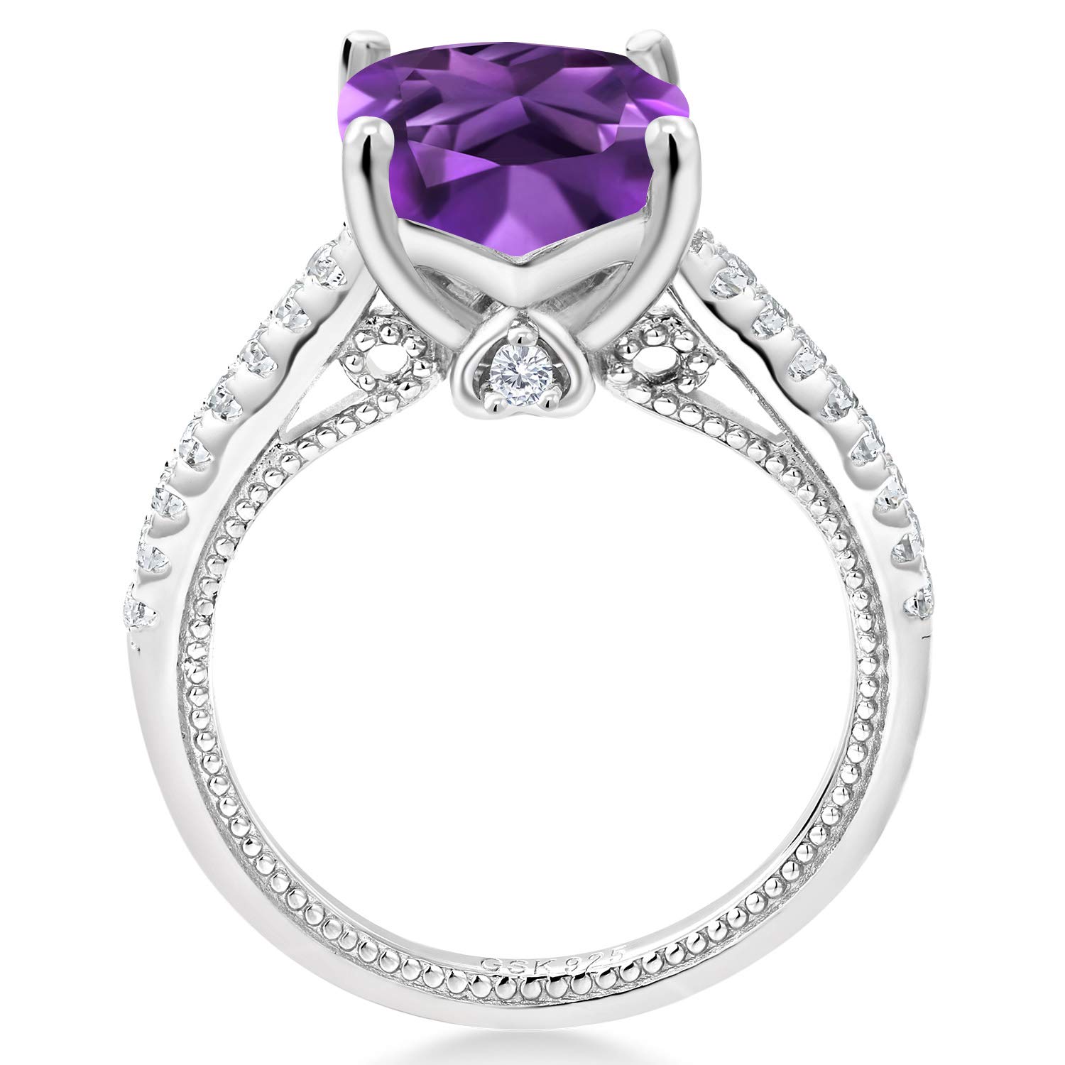 Gem Stone King 925 Sterling Silver Cushion Purple Amethyst and White Created Sapphire Engagement Ring For Women (3.27 Cttw, Available in size 5, 6, 7, 8, 9)