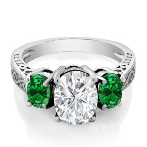 Gem Stone King 2.80 Cttw White Moissanite and Green Created Emerald 3-Stone Engagement Ring In 925 Sterling Silver | 3 Stone Wedding Anniversary Promise Ring For Women (Size 6)