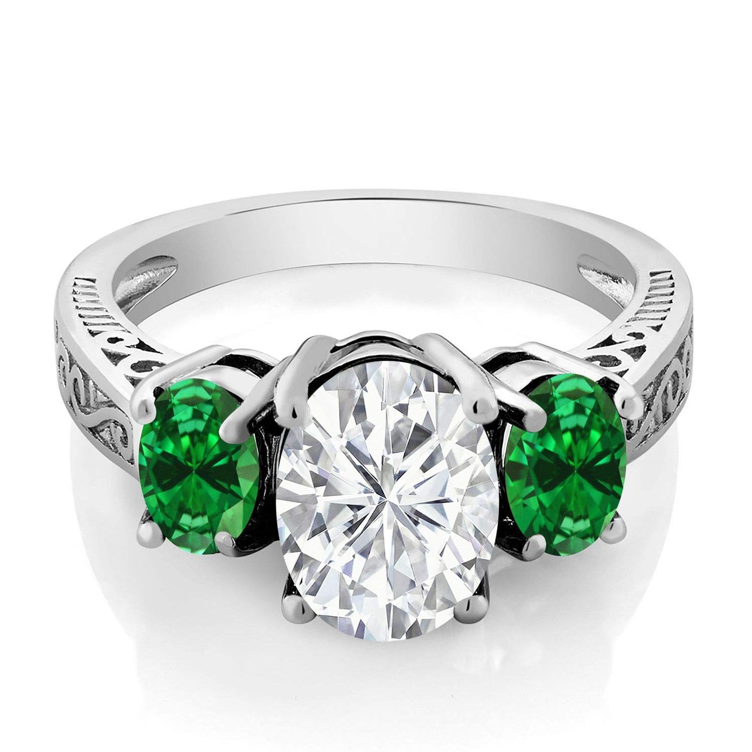 Gem Stone King 2.80 Cttw White Moissanite and Green Created Emerald 3-Stone Engagement Ring In 925 Sterling Silver | 3 Stone Wedding Anniversary Promise Ring For Women (Size 6)