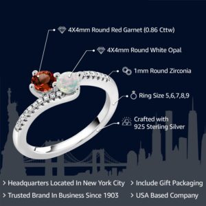 Gem Stone King 925 Sterling Silver Red Garnet and White Opal Bypass Ring For Women (0.86 Cttw, Gemstone January Birthstone, Round 4MM, Available In Size 5, 6, 7, 8, 9)