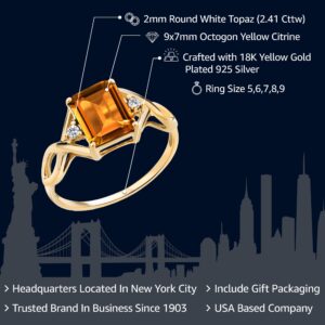 Gem Stone King 18K Yellow Gold Plated Silver Yellow Citrine and White Topaz Ring For Women (2.41 Cttw, Gemstone Birthstone, Emerald Cut 9X7MM, Available in size 5, 6, 7, 8, 9)