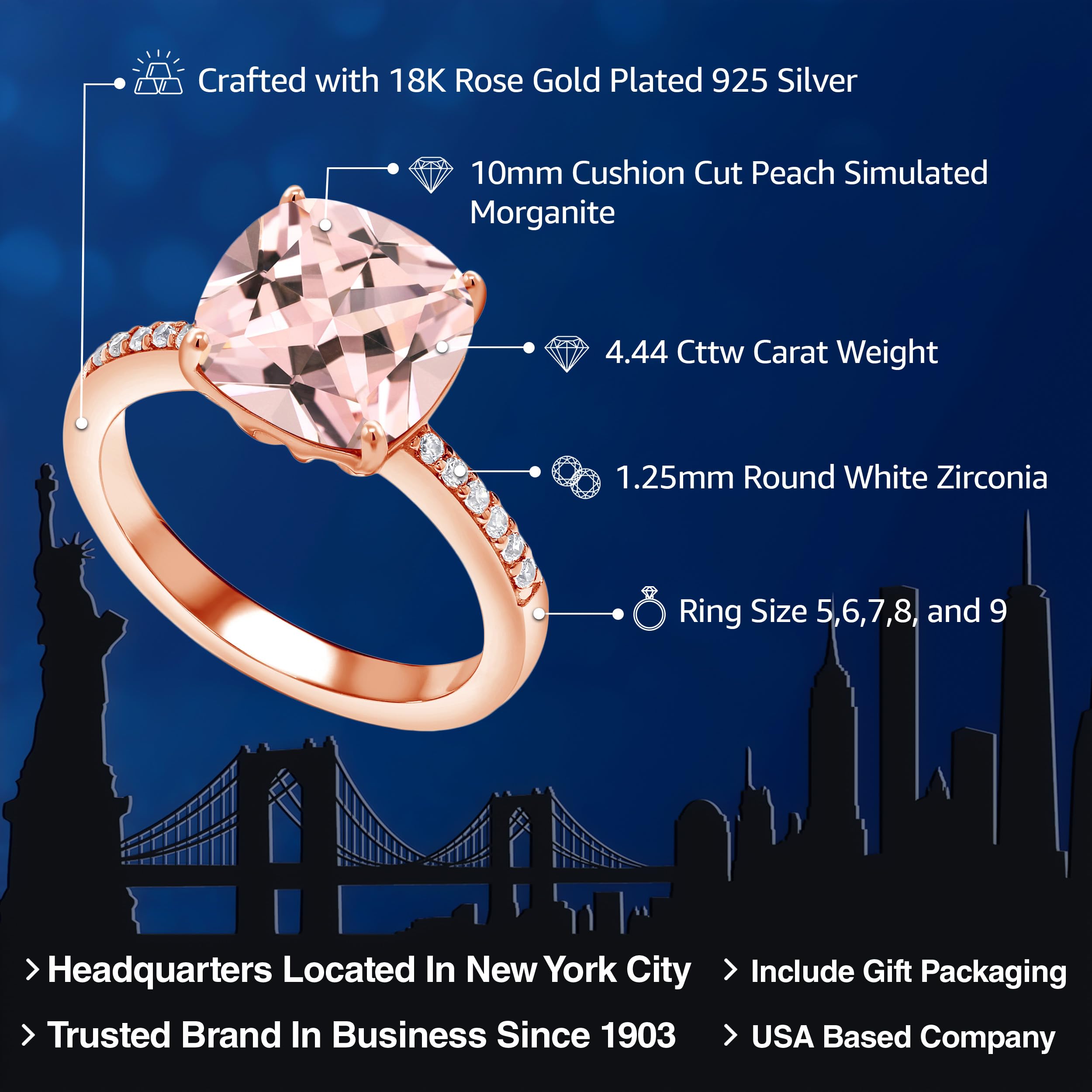 Gem Stone King 18K Rose Gold Plated Silver 10MM Cushion Gemstone Birthstone Engagement Ring | Wedding Anniversary Promise Ring For Women | Available In Size 5, 6, 7, 8, 9