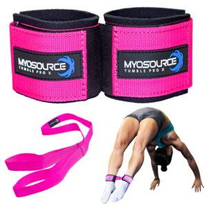 myosource kinetic bands tumble pro x ankle straps kit – cheerleading standing tumbling equipment, gymnastics backhandspring trainer – includes flexibility stunt stretch strap – pink