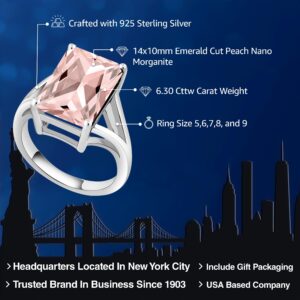 Gem Stone King 6.30 Cttw Peach Nano Morganite Engagement Ring For Women In 925 Sterling Silver | Emerald Cut 14X10MM | Wedding Anniversary Promise Ring For Women | Size 5,6,7,8,9