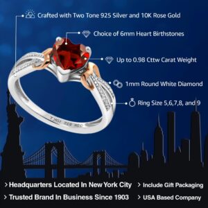 Gem Stone King 925 Silver and 10K Rose Gold 6MM Heart Shape Gemstone Birthstone and Diamond Engagement Ring | Wedding Anniversary Promise Ring For Women | Available In Size 5, 6, 7, 8, 9